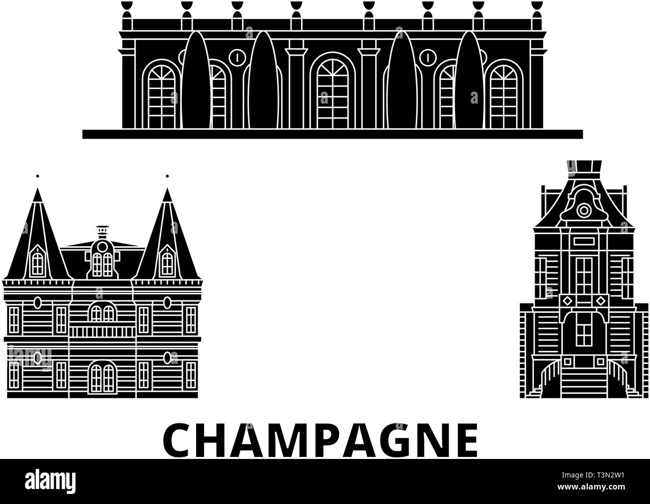 France, Champagne flat travel skyline set. France, Champagne black city ...