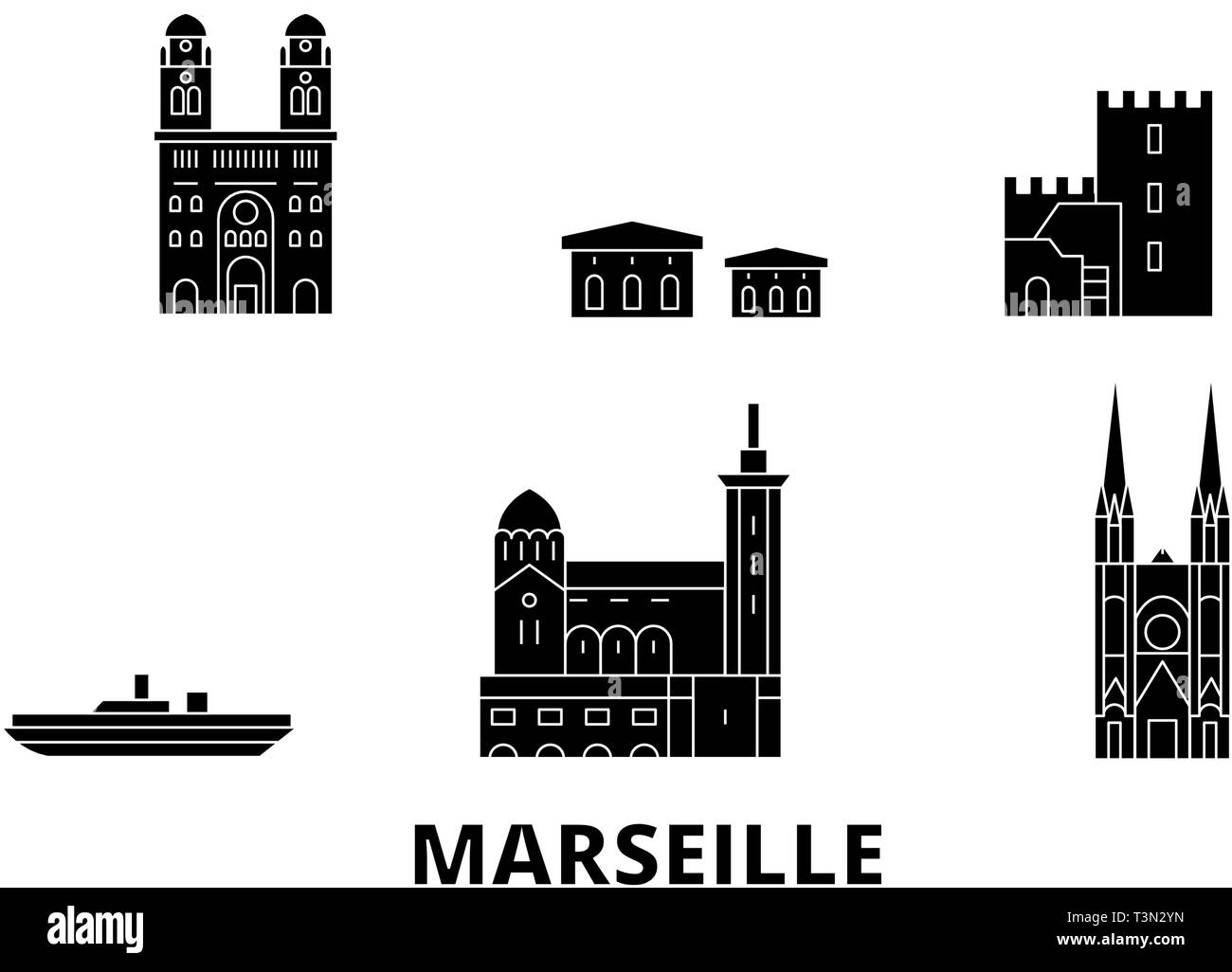 France, Marseille flat travel skyline set. France, Marseille black city ...