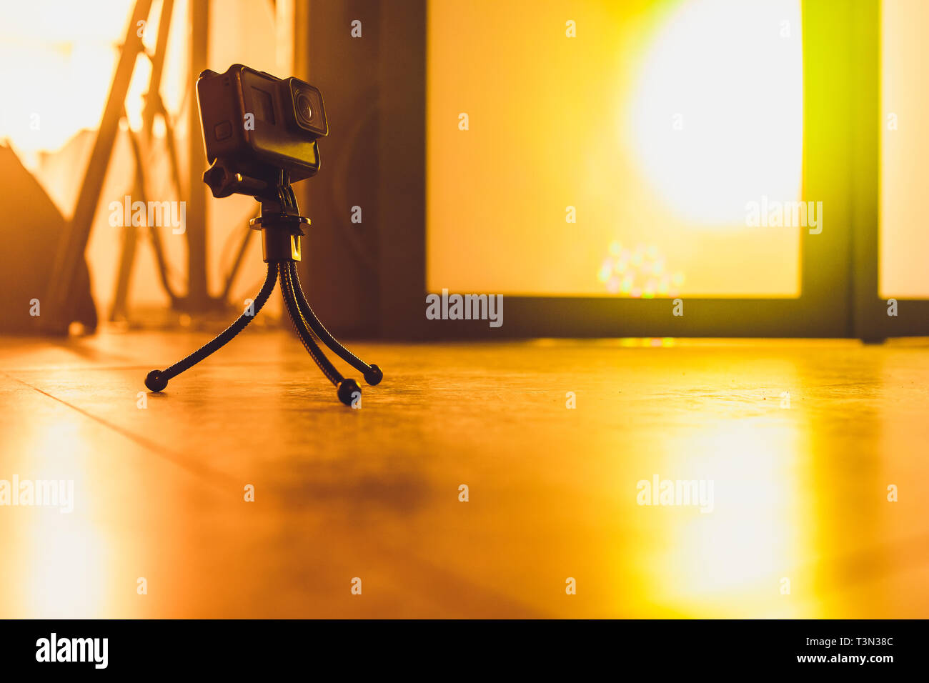 Camera Action Cam standing on the floor and shooting a blogger Stock ...