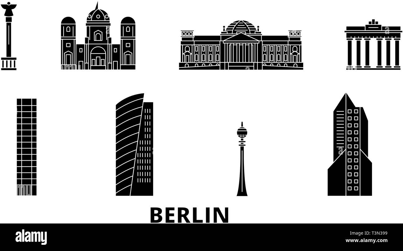 Germany, Berlin flat travel skyline set. Germany, Berlin black city ...
