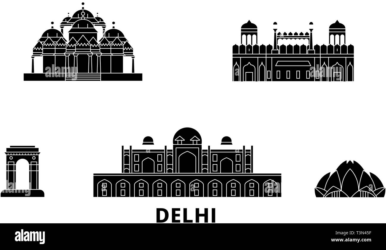 India, Delhi flat travel skyline set. India, Delhi black city vector ...