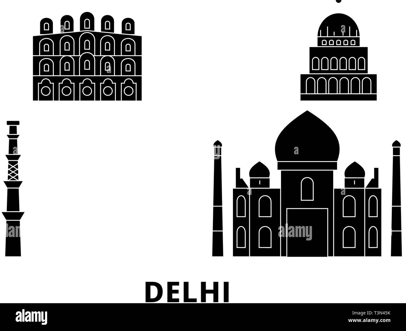 India, Delhi City flat travel skyline set. India, Delhi City black city ...