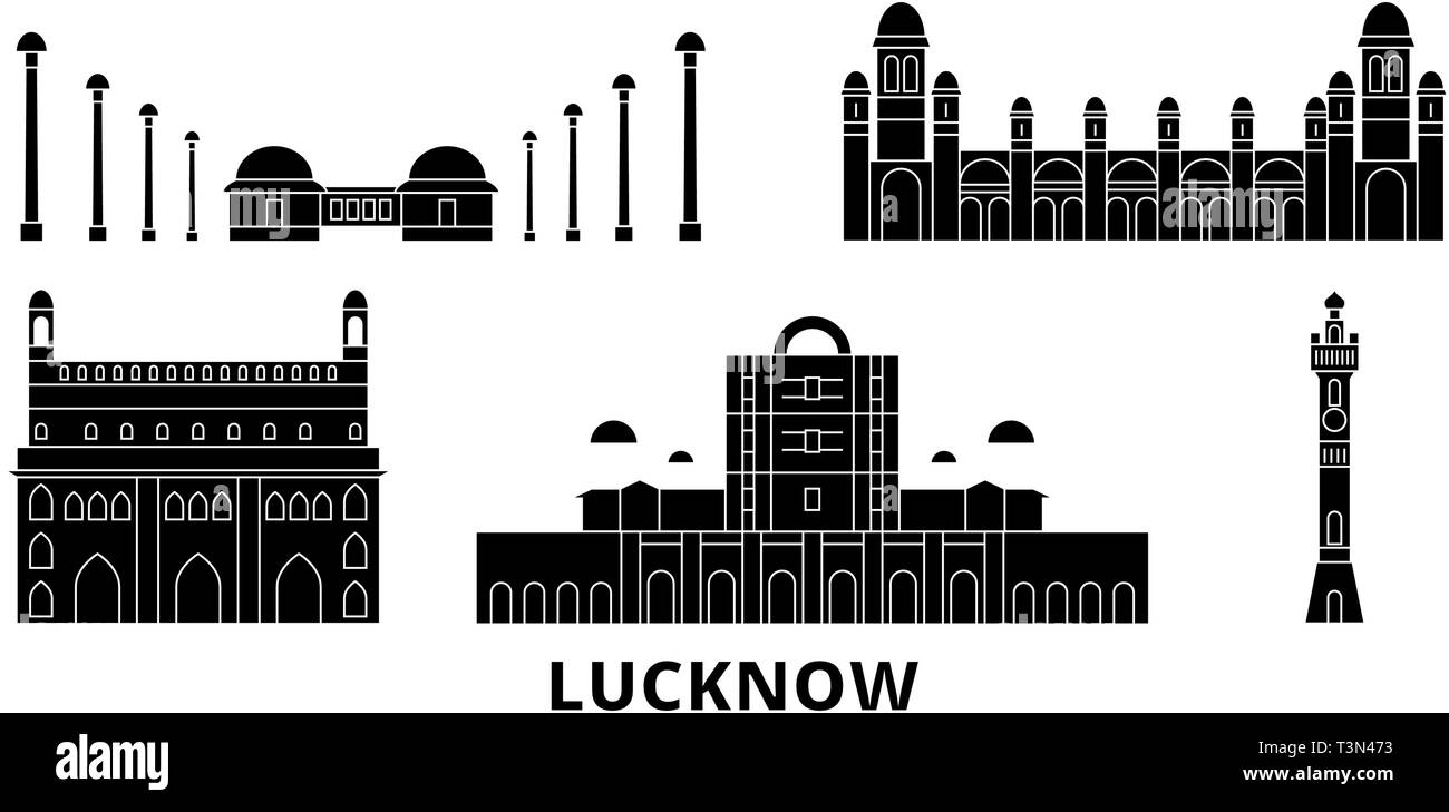 India, Lucknow flat travel skyline set. India, Lucknow black city ...