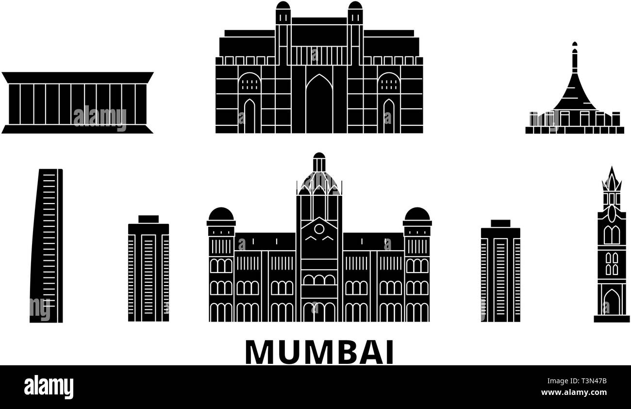 India, Mumbai flat travel skyline set. India, Mumbai black city vector ...