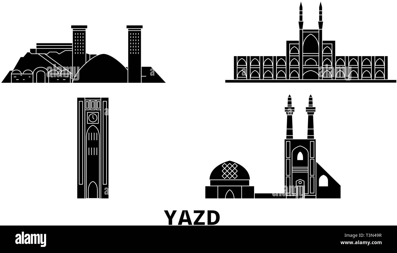 Iran, Yazd flat travel skyline set. Iran, Yazd black city vector ...