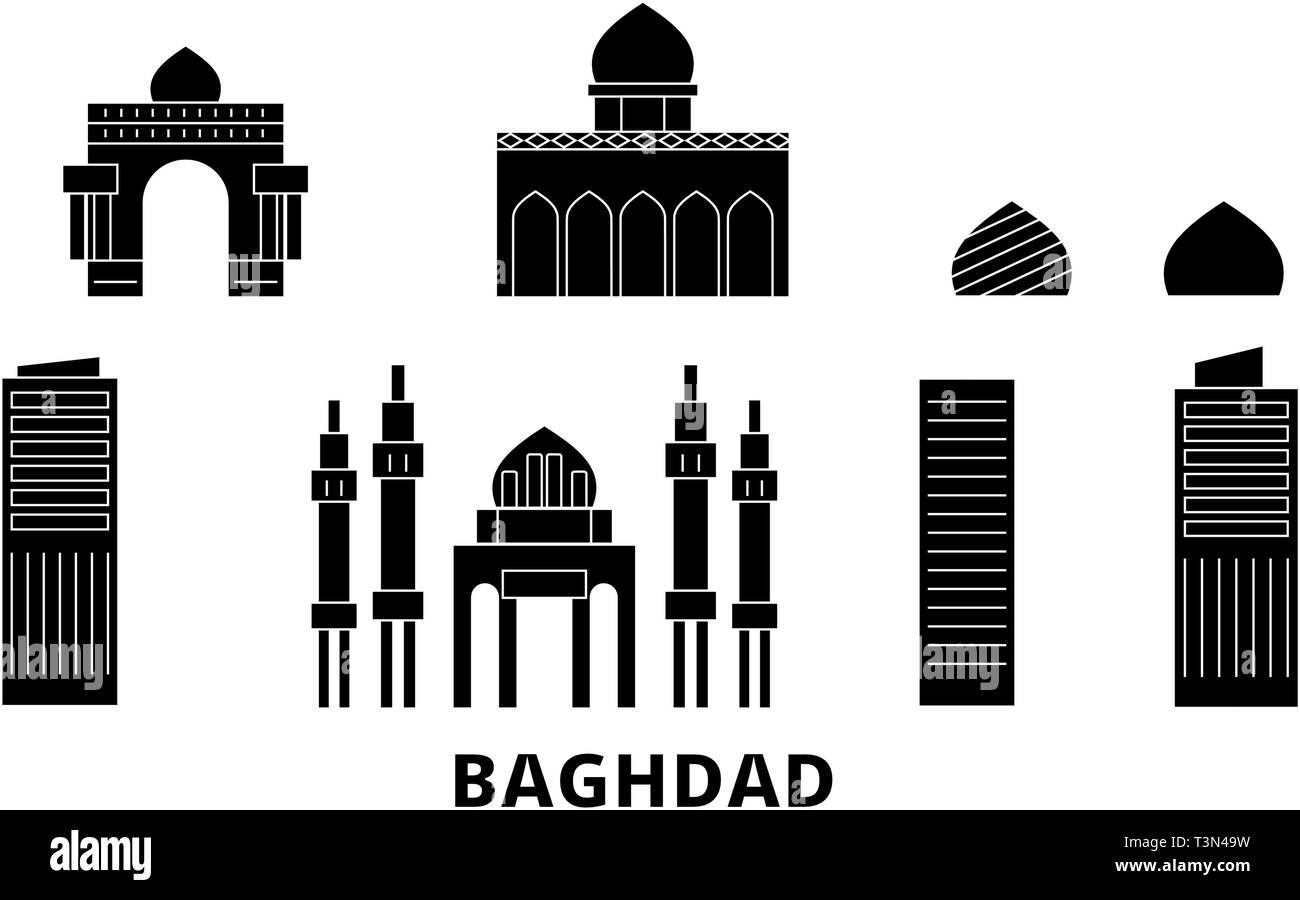 Iraq, Baghdad flat travel skyline set. Iraq, Baghdad black city vector ...