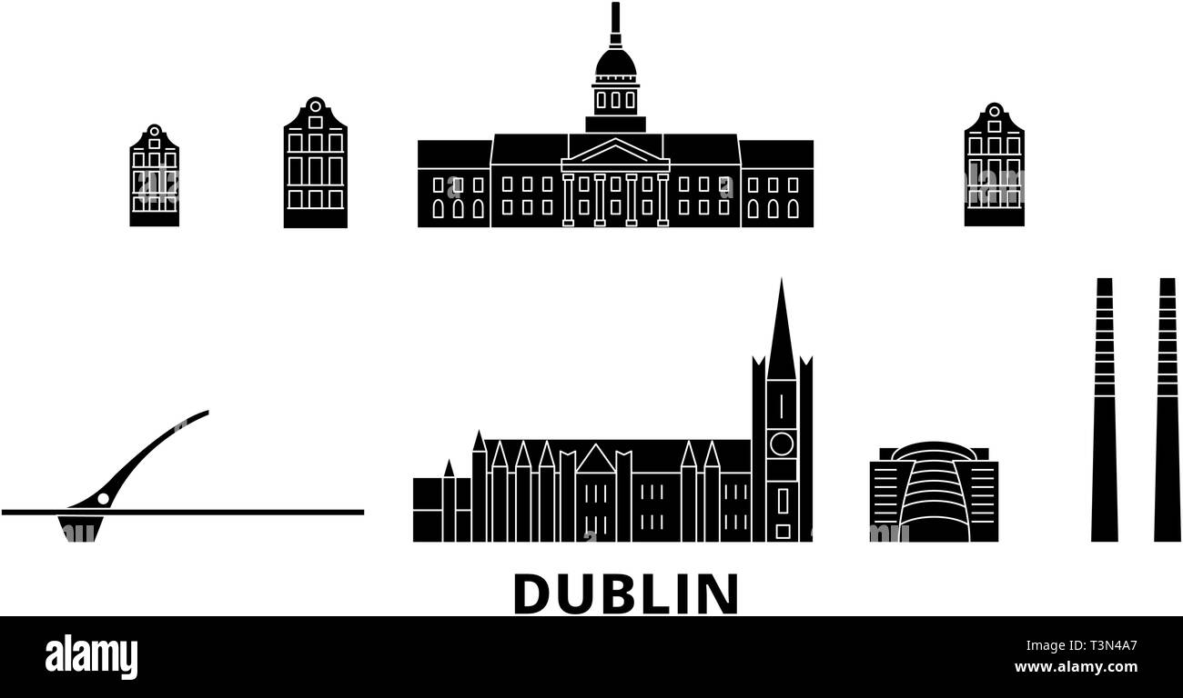 Irland, Dublin flat travel skyline set. Irland, Dublin black city ...