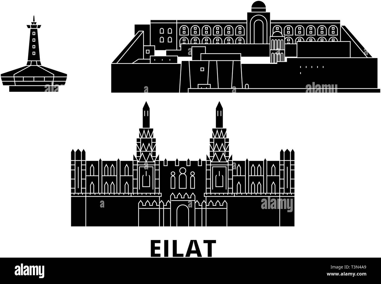 Israel, Eilat flat travel skyline set. Israel, Eilat black city vector ...