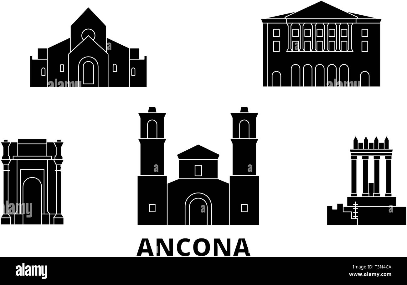 Italy, Ancona flat travel skyline set. Italy, Ancona black city vector ...