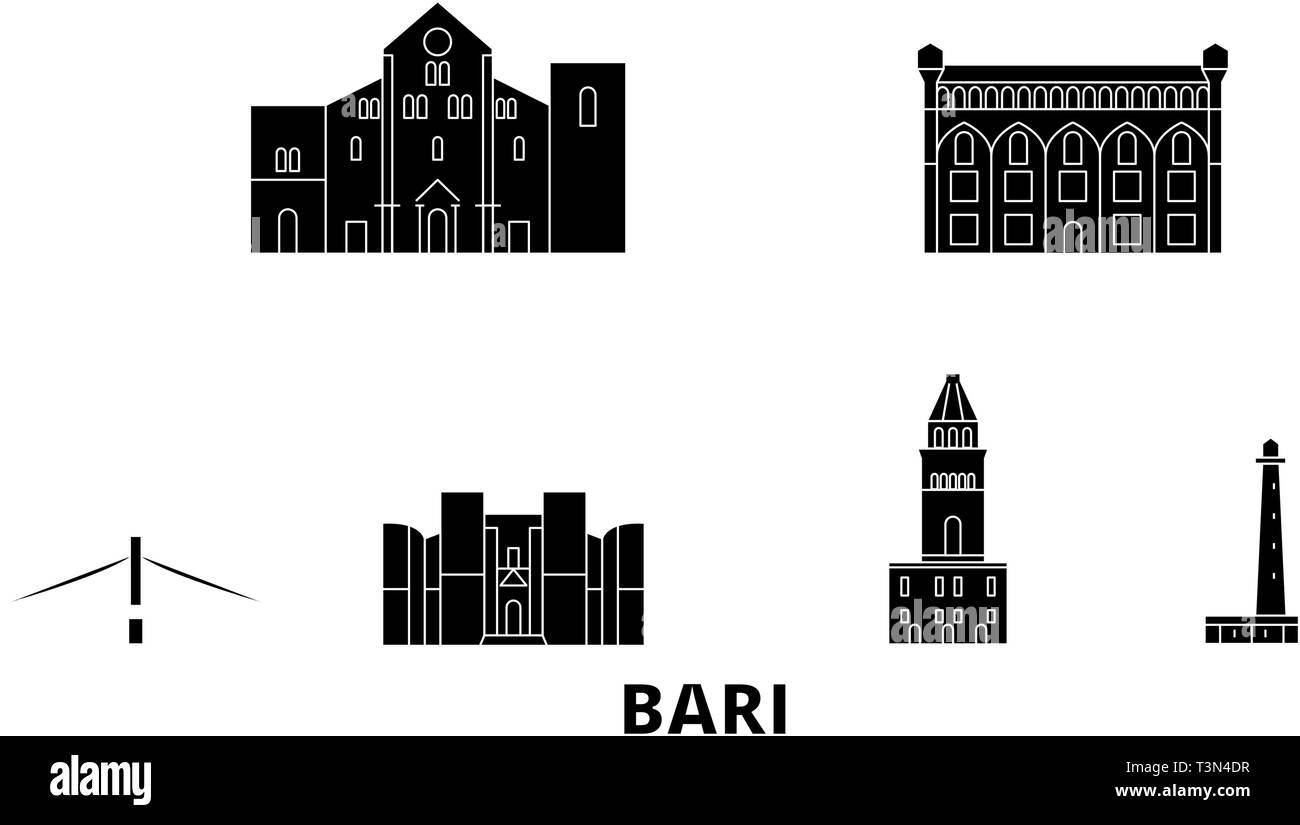Italy, Bari flat travel skyline set. Italy, Bari black city vector ...