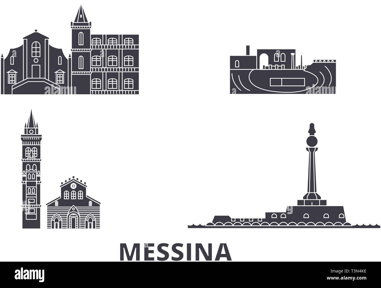 Italy, Messina flat travel skyline set. Italy, Messina black city ...