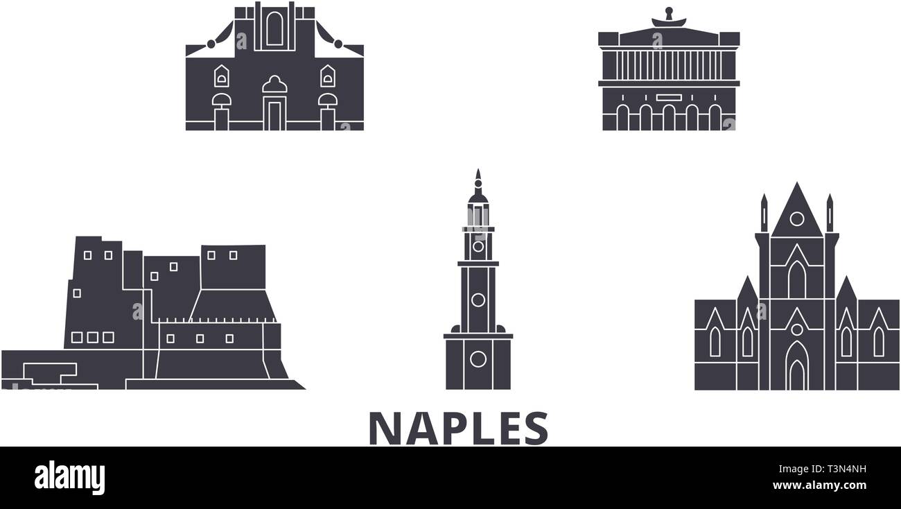 Italy, Naples flat travel skyline set. Italy, Naples black city vector ...