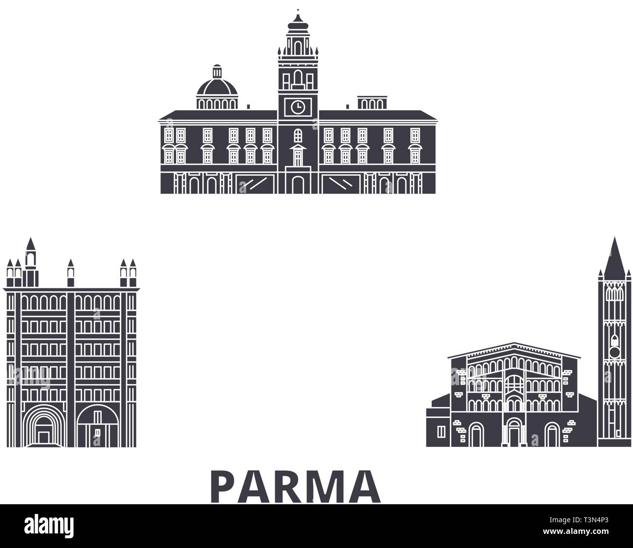 Italy, Parma flat travel skyline set. Italy, Parma black city vector ...