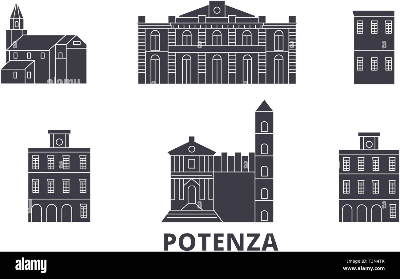 Italy, Potenza flat travel skyline set. Italy, Potenza black city ...