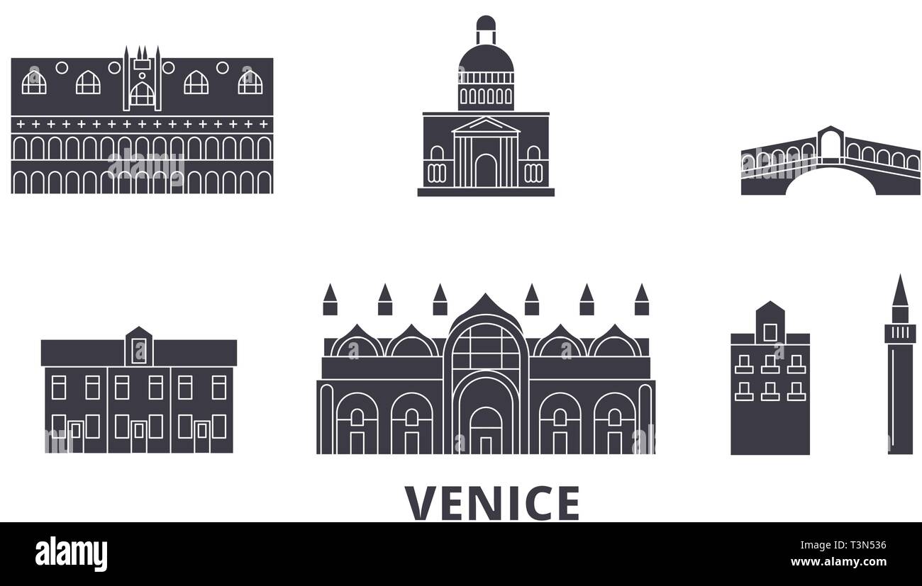 Italy, Venice flat travel skyline set. Italy, Venice black city vector ...