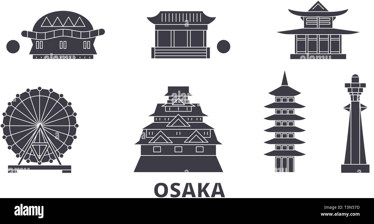 Japan, Osaka flat travel skyline set. Japan, Osaka black city vector ...