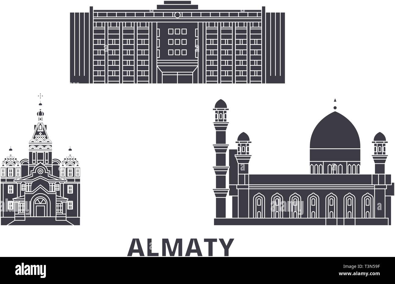 Kazakhstan, Almaty flat travel skyline set. Kazakhstan, Almaty black ...