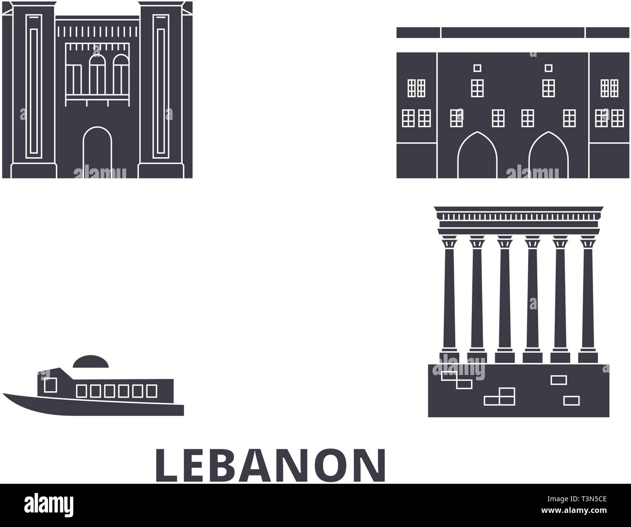 Lebanon flat travel skyline set. Lebanon black city vector illustration ...