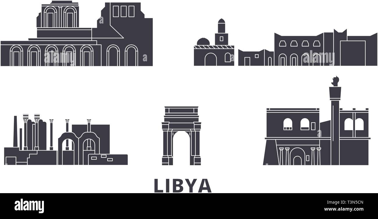 Libya flat travel skyline set. Libya black city vector illustration ...
