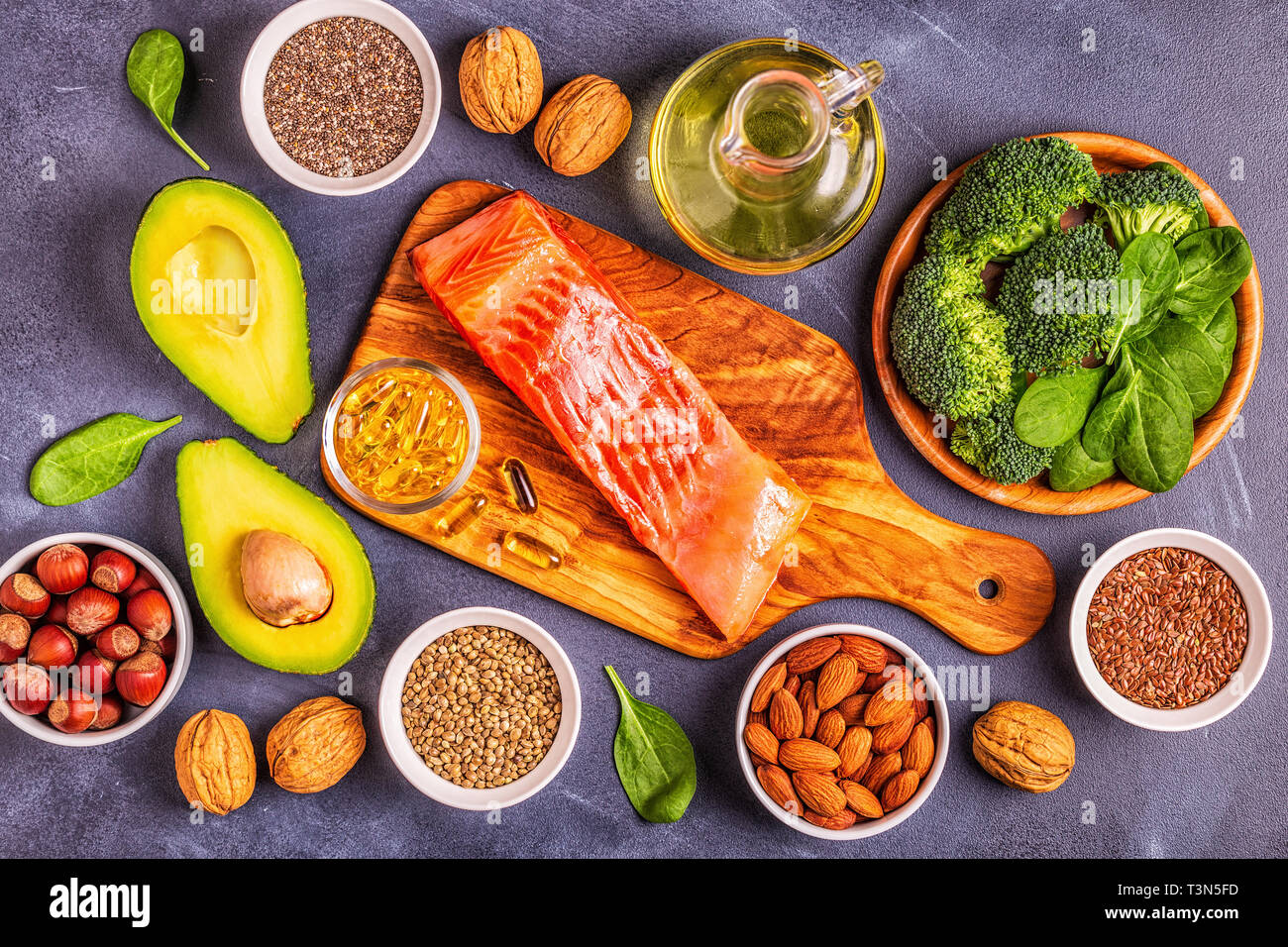 Animal and vegetable sources of omega-3 acids. Balanced diet concept ...