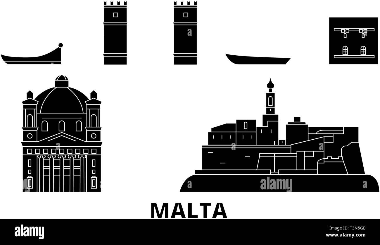 Malta flat travel skyline set. Malta black city vector illustration ...