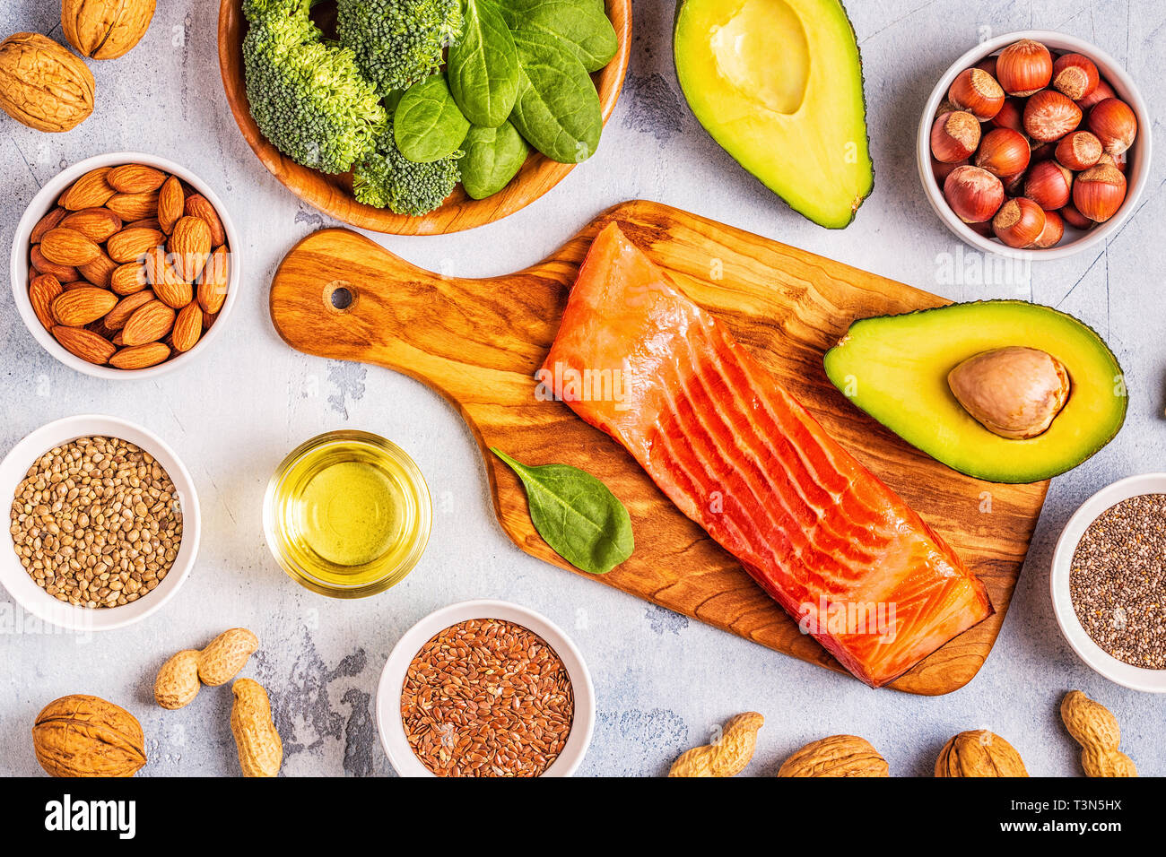 Animal and vegetable sources of omega-3 acids. Balanced diet concept ...