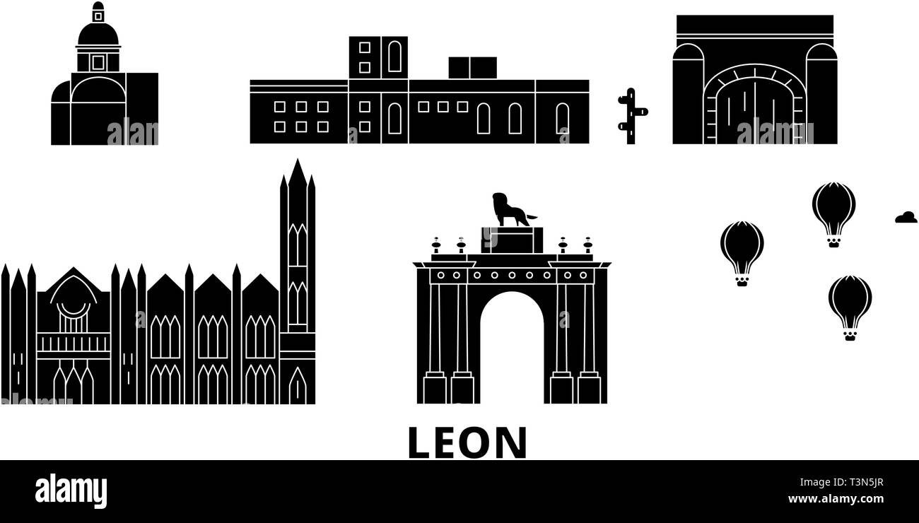 Mexico, Leon flat travel skyline set. Mexico, Leon black city vector ...