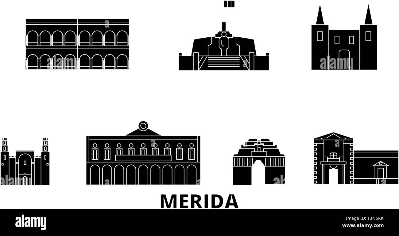 Mexico, Merida flat travel skyline set. Mexico, Merida black city ...