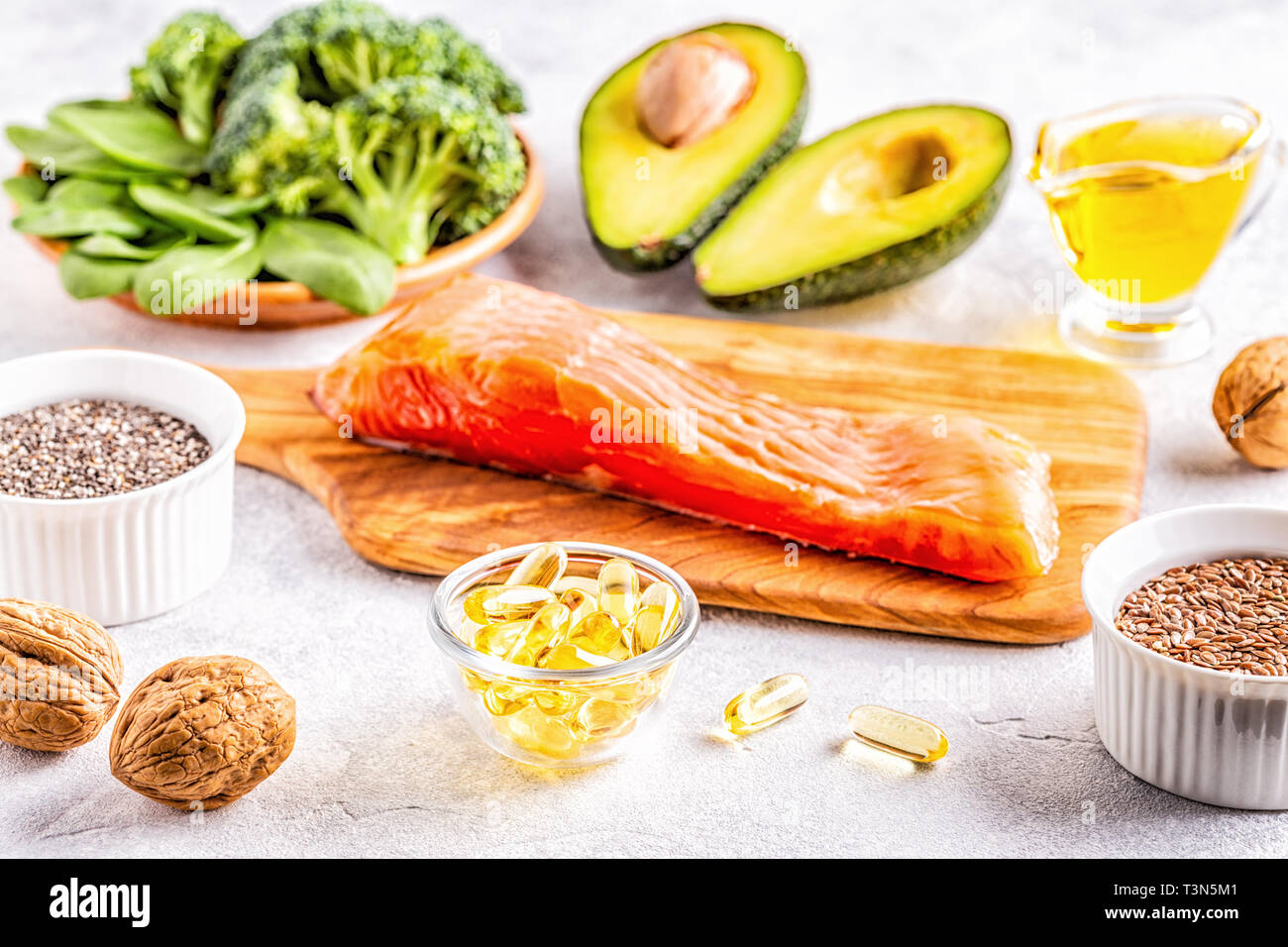 Animal and vegetable sources of omega-3 acids. Balanced diet concept ...