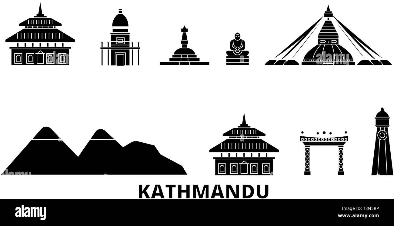 Nepal, Kathmandu flat travel skyline set. Nepal, Kathmandu black city ...