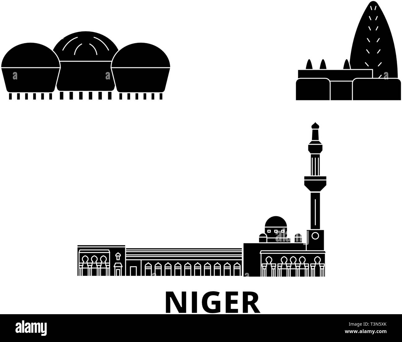 Niger flat travel skyline set. Niger black city vector illustration, symbol, travel sights ...