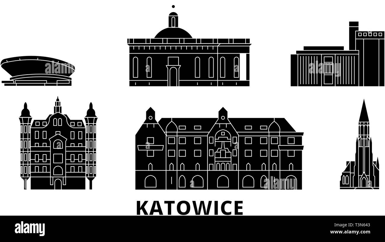 Poland, Katowice flat travel skyline set. Poland, Katowice black city ...