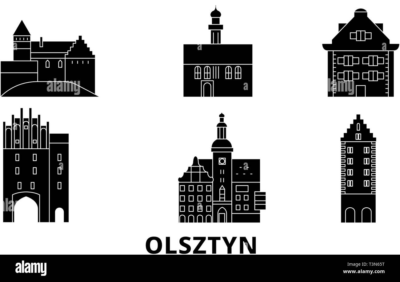 Poland, Olsztyn flat travel skyline set. Poland, Olsztyn black city ...
