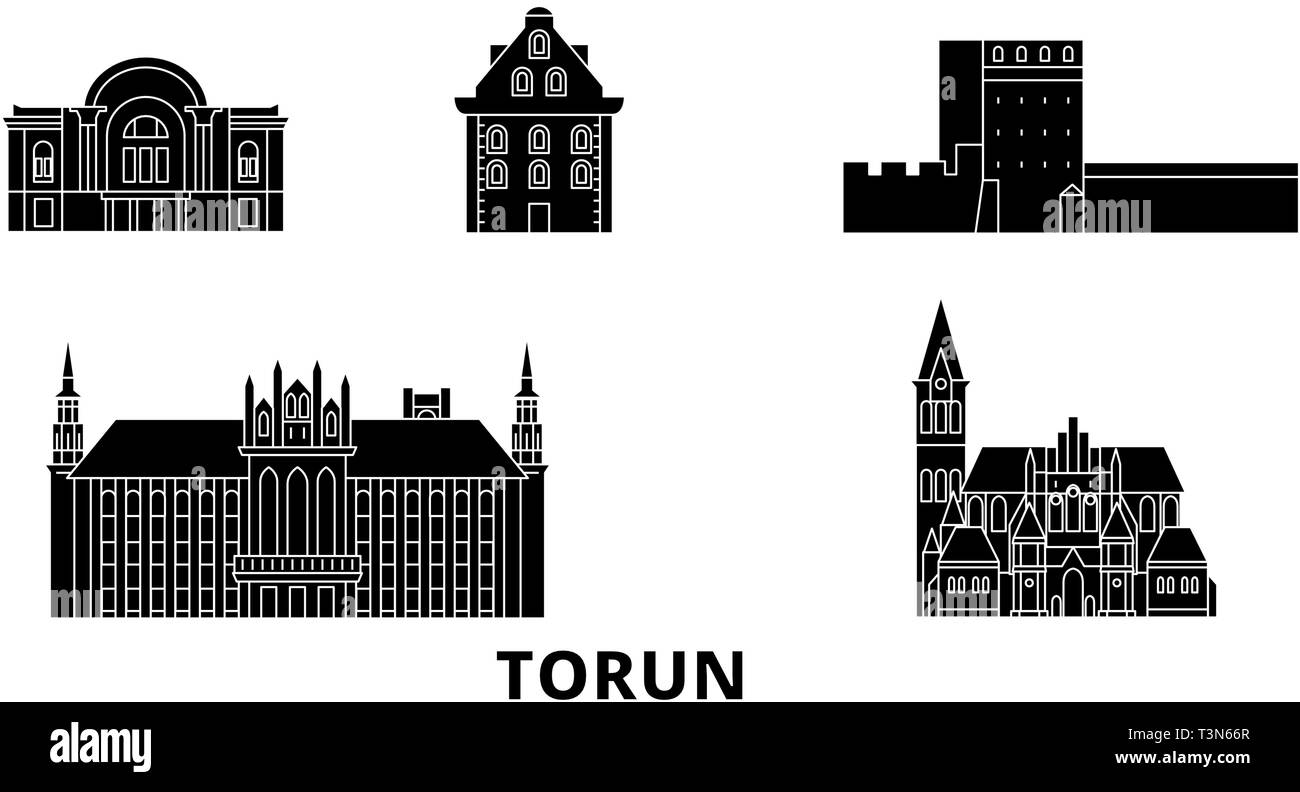 Poland, Torun flat travel skyline set. Poland, Torun black city vector ...