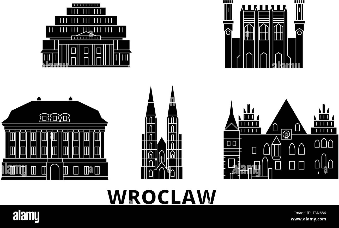 Poland, Wroclaw flat travel skyline set. Poland, Wroclaw black city ...