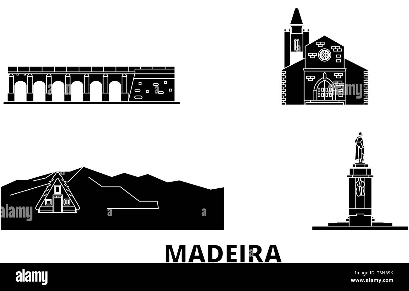 Portugal, Madeira flat travel skyline set. Portugal, Madeira black city ...