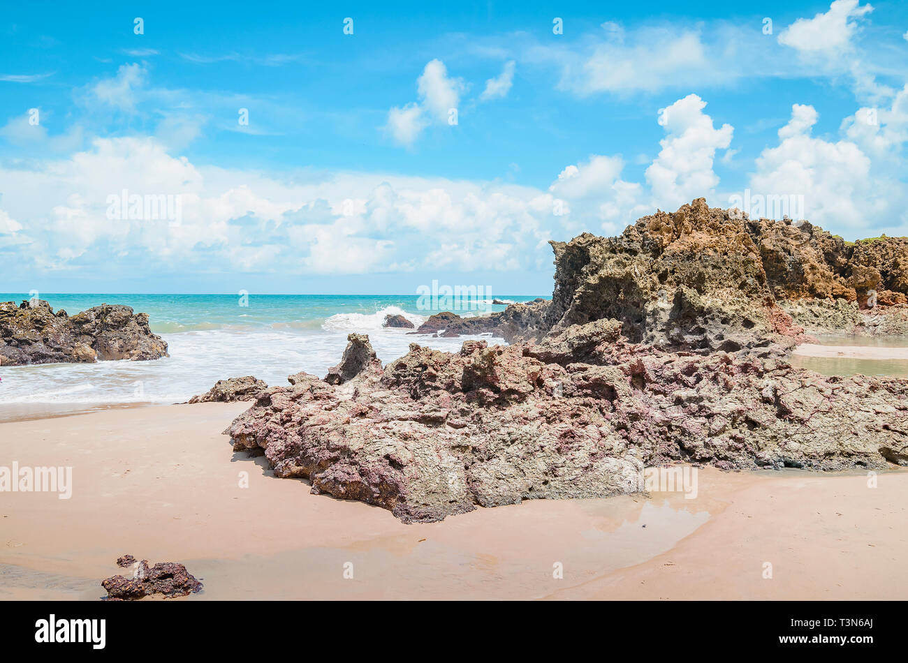 View of Praia de Tambaba beach, Costa do Conde. Rock formations on the ...
