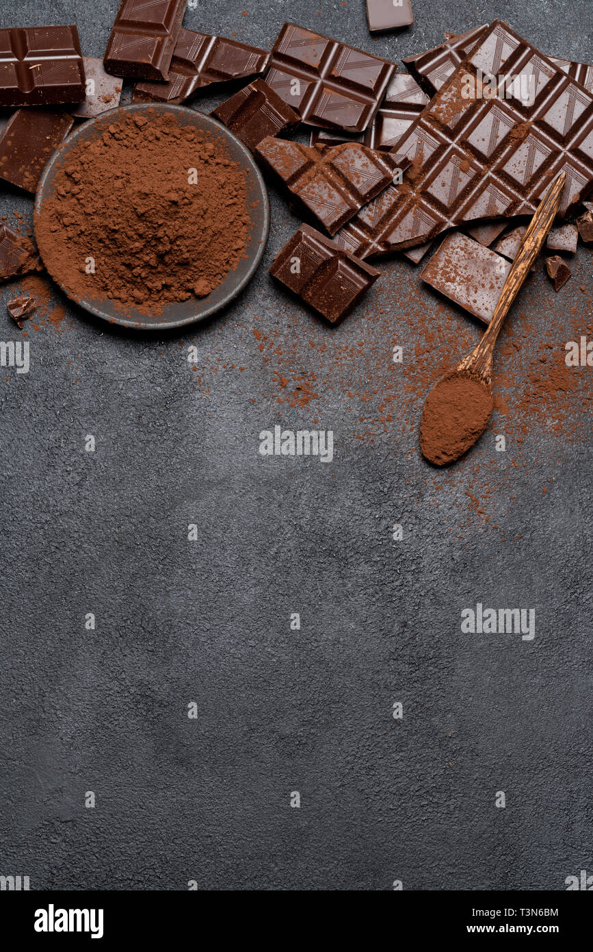 Frame or border made of Dark or milk organic chocolate pieces and cocoa ...