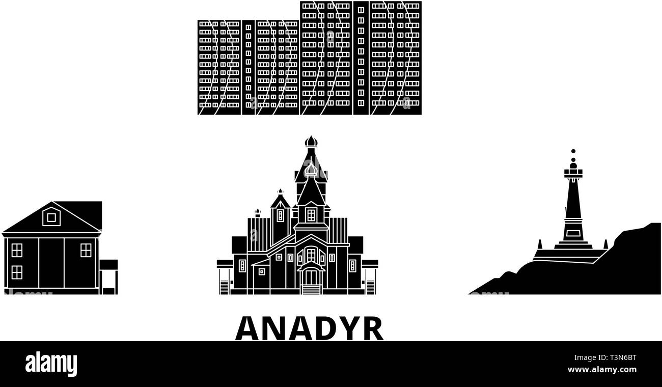 Russia, Anadyr flat travel skyline set. Russia, Anadyr black city ...