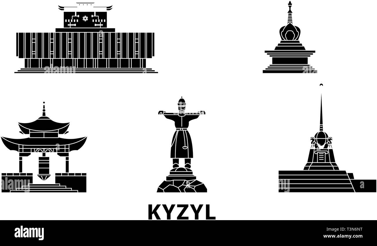 Russia, Kyzyl flat travel skyline set. Russia, Kyzyl black city vector ...