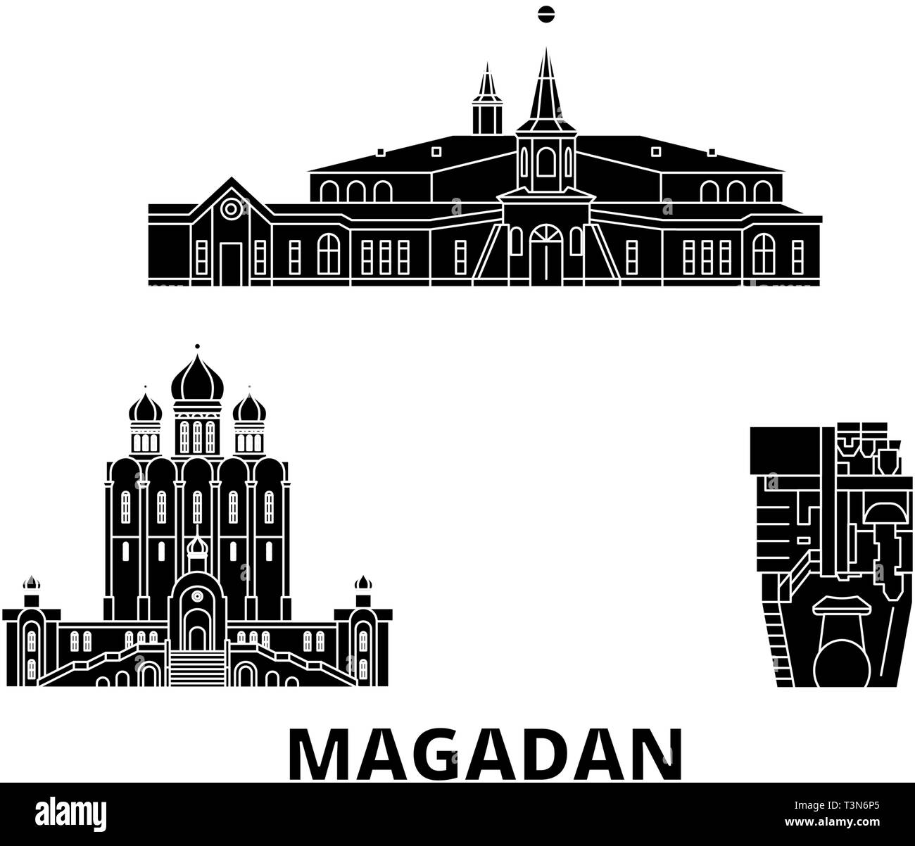 Russia, Magadan flat travel skyline set. Russia, Magadan black city ...