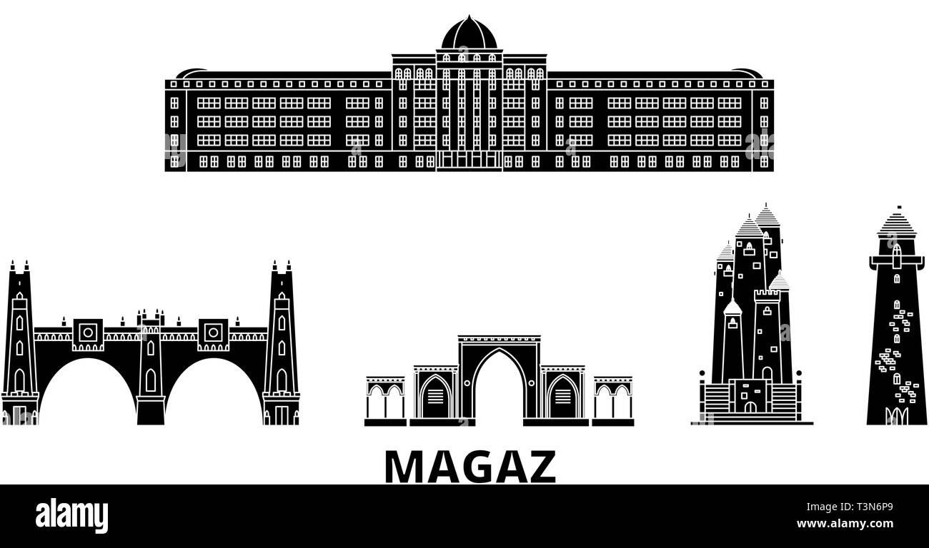 Russia, Magas flat travel skyline set. Russia, Magas black city vector ...