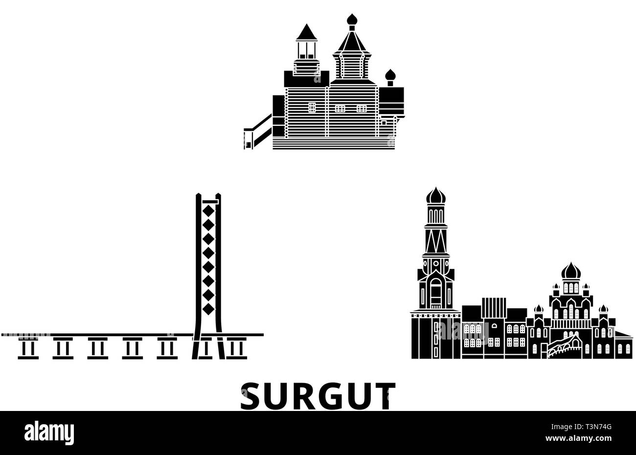 Russia, Surgut flat travel skyline set. Russia, Surgut black city ...