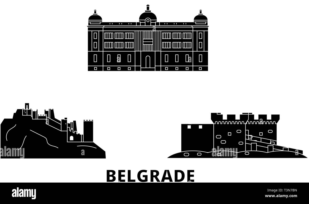 Serbia, Belgrade flat travel skyline set. Serbia, Belgrade black city ...