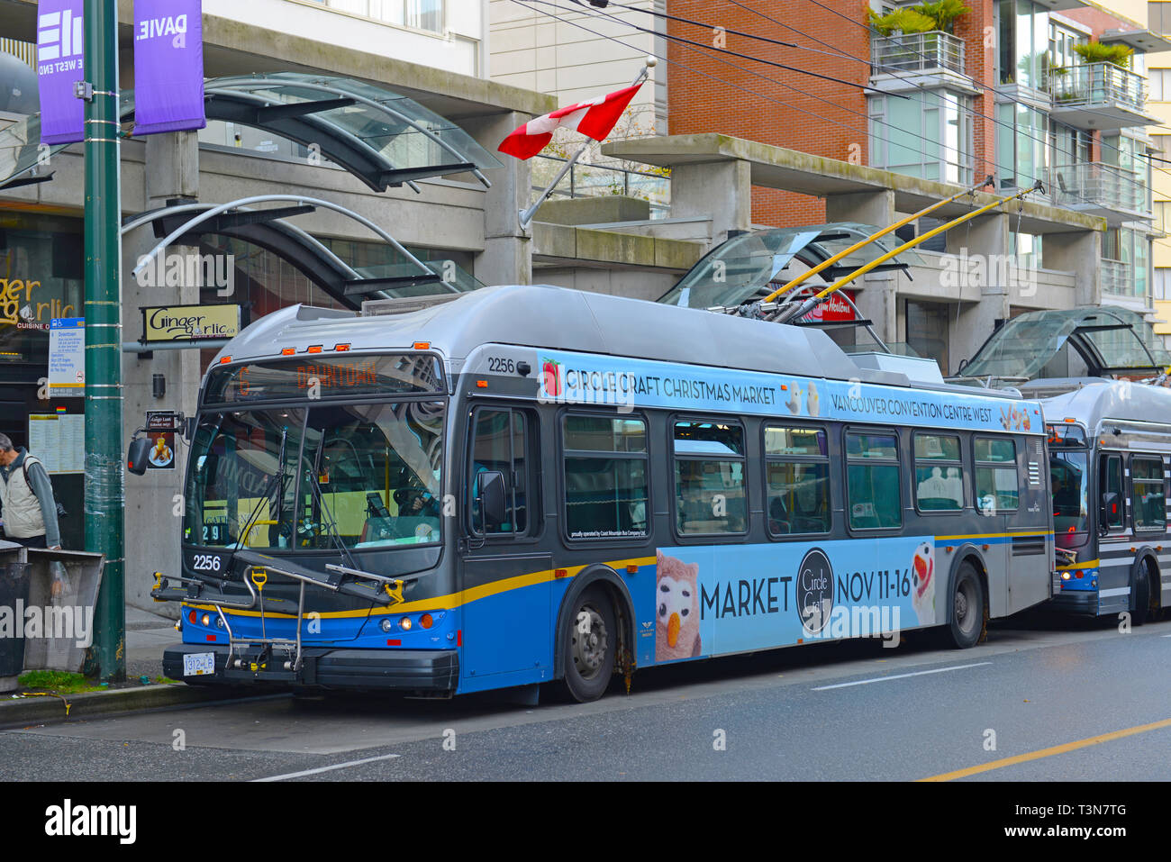 Vancouver Trolley Bus Route 6 on Davie Street in downtown Vancouver ...