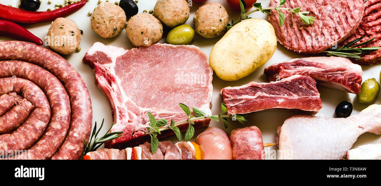 banner of different types of raw meat: chicken thighs, pork and beef ...