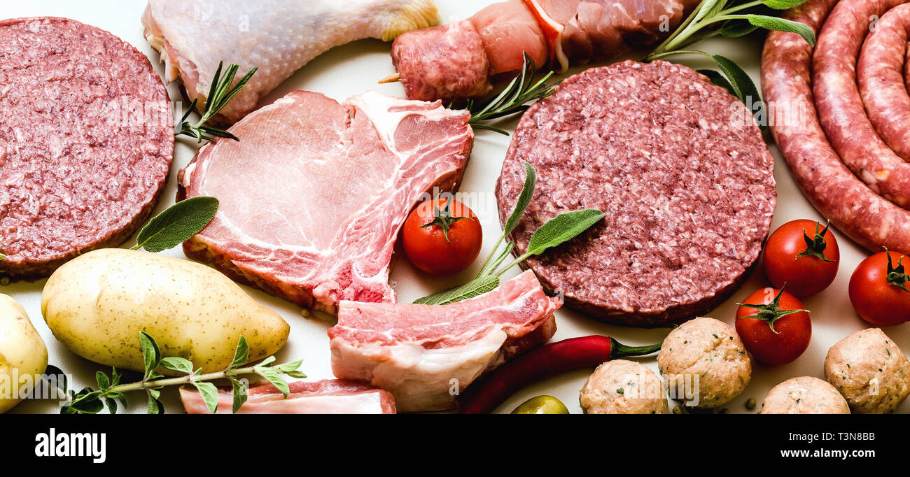 banner of different types of raw meat: chicken thighs, pork and beef ...