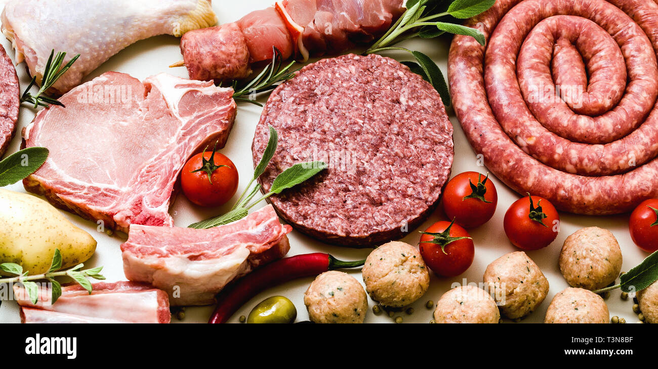 banner of different types of raw meat: chicken thighs, pork and beef ...