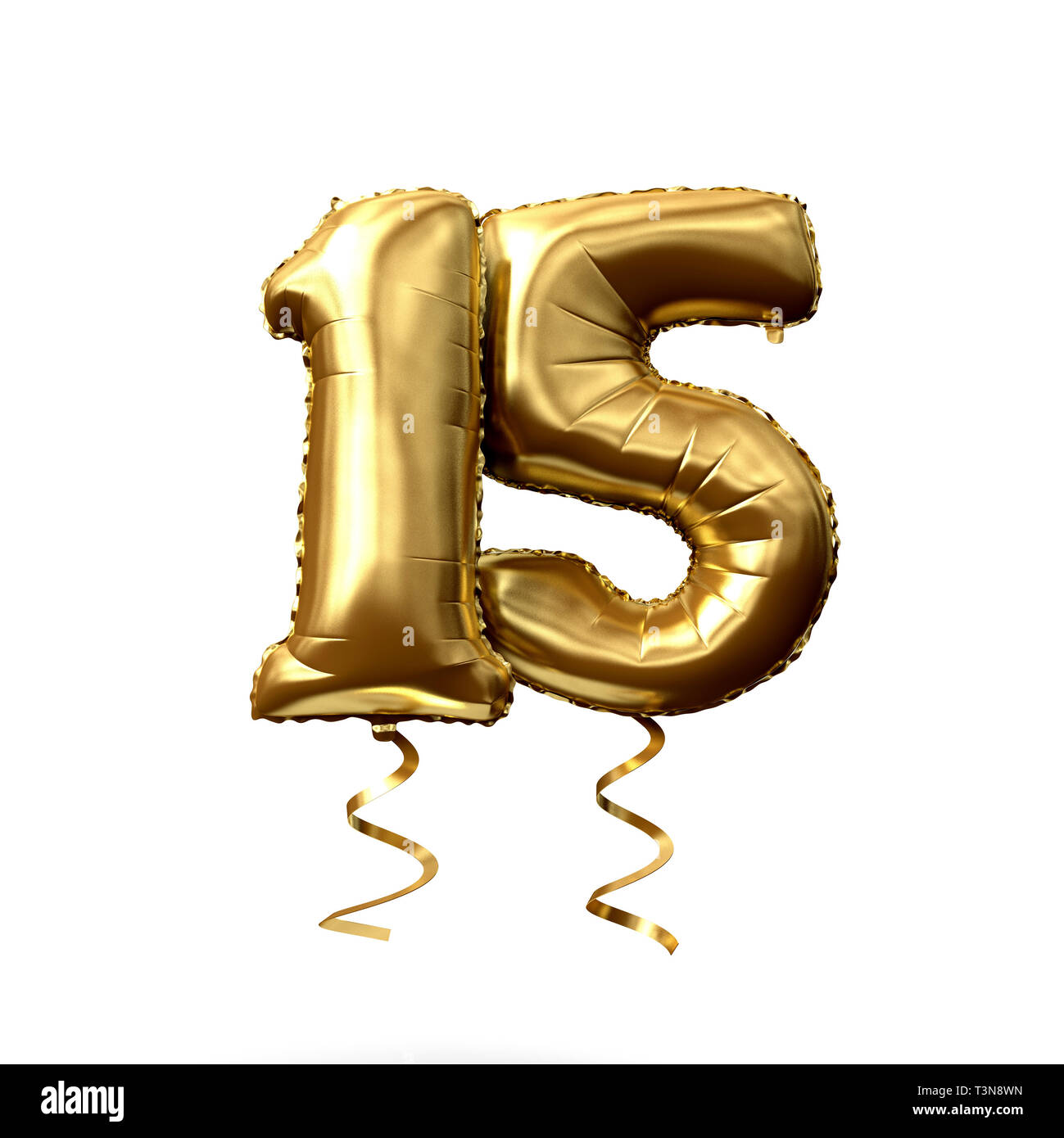 Number 15 gold foil helium balloon isolated on a white background. 3D ...