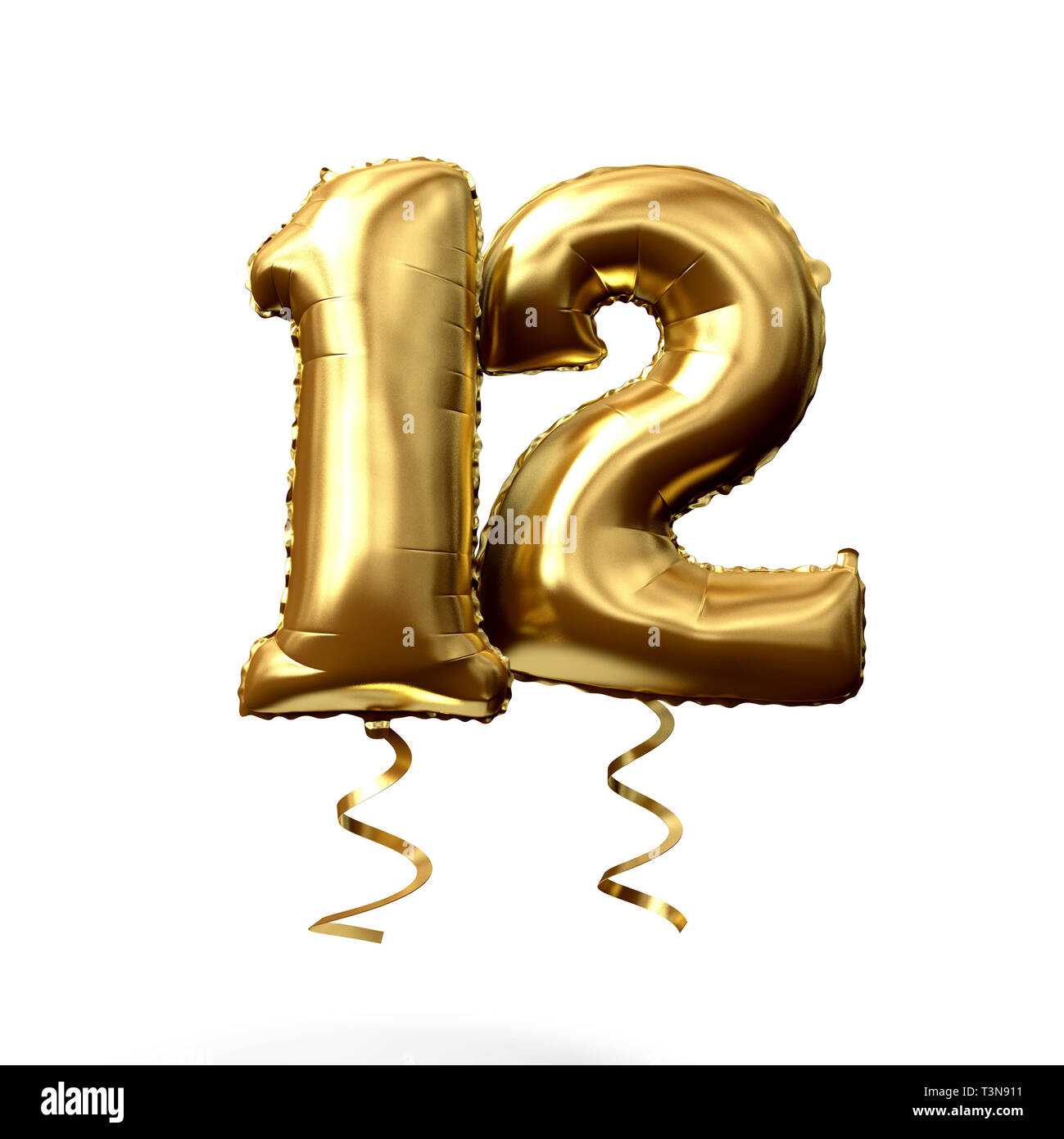 Number 12 gold foil helium balloon isolated on a white background. 3D ...